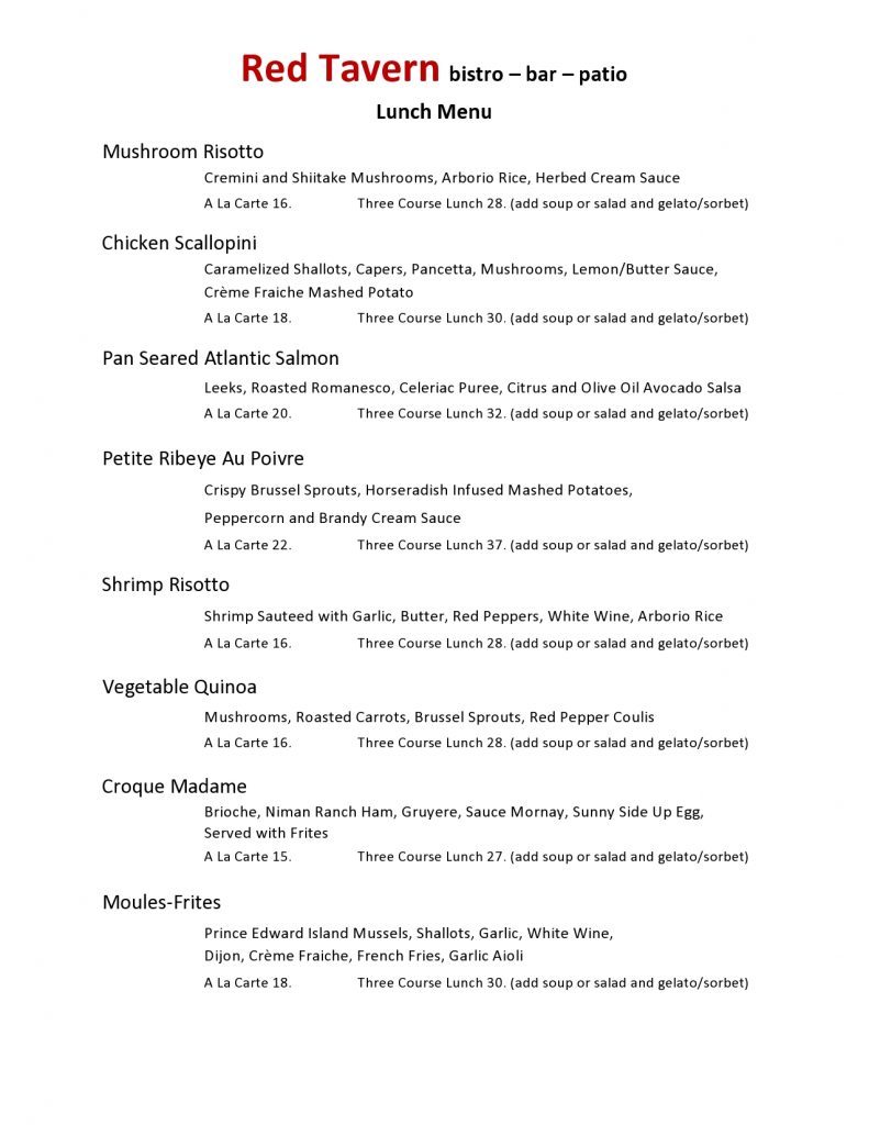 Thursday and Friday Lunch Menu – Red Tavern